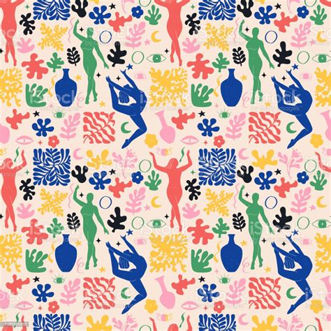 그루비 추상 예술 완벽 한 패턴입니다 마티스 랜덤 오가닉 모양과 여성 실루엣이 유행하는 복고풍 60년대 70년대 스타일 1960 1969 년에 대한 스톡 벡터 아트 및 기타