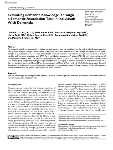Pdf Evaluating Semantic Knowledge Through A Semantic Association Task In Individuals With Dementia