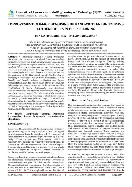 Improvement In Image Denoising Of Handwritten Digits Using Autoencoders