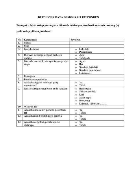 Kuesioner Data Demografi Responden Pdf