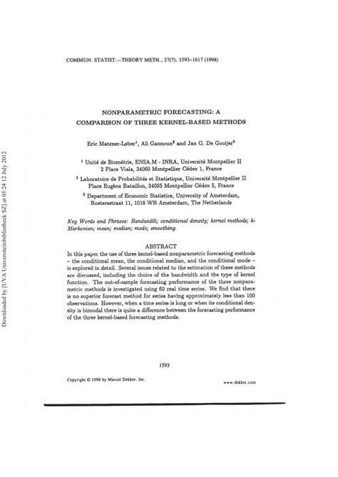 PDF Nonparametric Forecasting A Comparison Of Three Kernel Based Methods