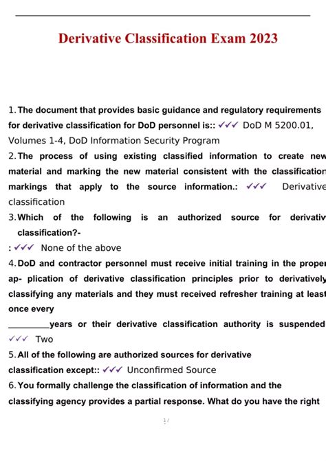 Derivative Classification Exam Questions And Answers 2022 2023 Verified Answers Derivative