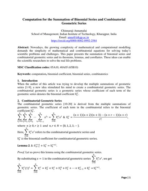 Pdf Computation For The Summation Of Binomial Series And Combinatorial Geometric Series