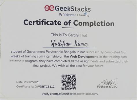 Shubham Kumar On Linkedin Geekstacks Training Internship