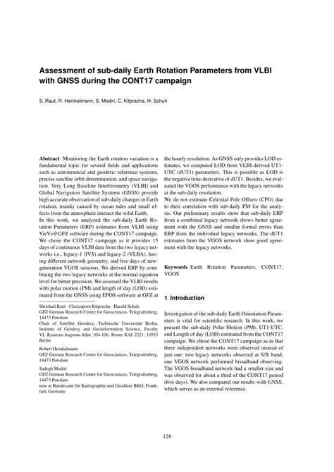 Pdf Assessment Of Sub Daily Earth Rotation Parameters From Vlbi With Gnss During The Cont17