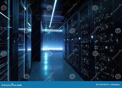 Data Center With Rows Of Server Racks Blinking Lights And Humming Fans Stock Image Image Of
