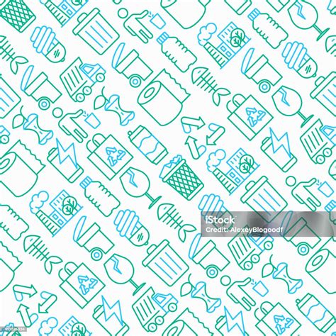 얇은 선 아이콘으로 쓰레기 원활한 패턴 쓰레기통 유기 쓰레기 쓰레기 트럭 유리 재활용된 종이 알루미늄 배터리 플라스틱 병 현대