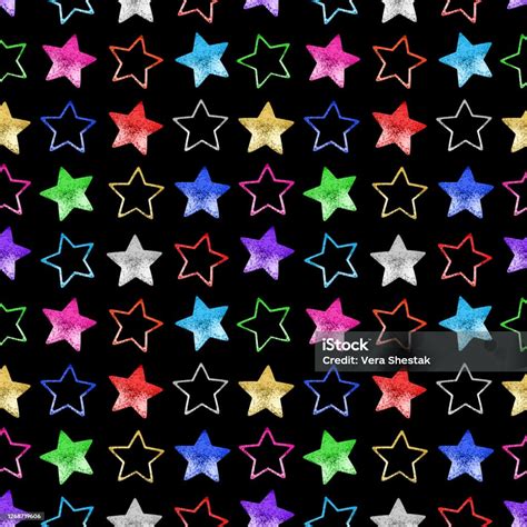 매끄러운 패턴 화려한 별 블랙 배경 고립 장식 빛나는 별 반복 장식 밝은 빛나는 Сhristmas 별별 장식 배경 새해 벽지 휴일 텍스처 디자인 0명에 대한 스톡 벡터 아트