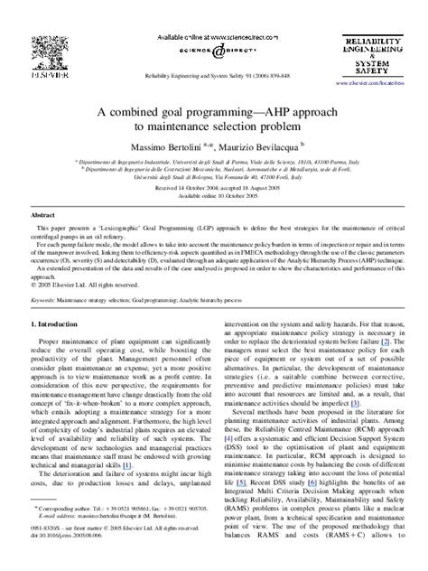 Pdf A Combined Goal Programming—ahp Approach To Maintenance Selection