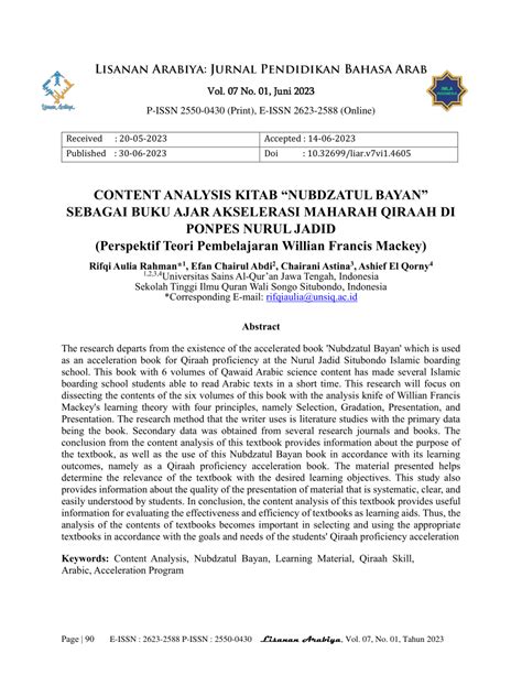 Pdf Content Analysis Kitab “nubdzatul Bayan” Sebagai Buku Ajar
