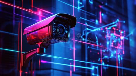 Security Camera Monitoring Futuristic Neon Cityscape With Iot Integration Stock Image Image Of