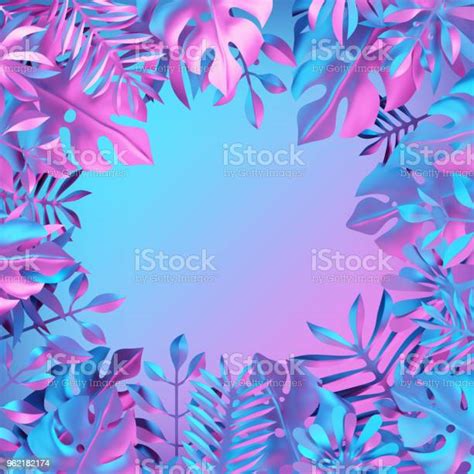 3d 렌더링 홀로그램 열 대 잎 종이 공예 네온 컬러 활기찬 식물 배경 정글 자연 빈 공간 0명에 대한 스톡 사진 및 기타 이미지 Istock