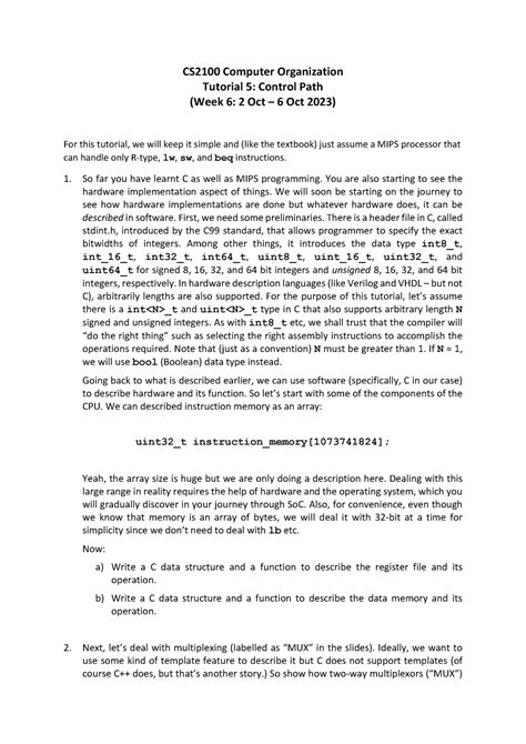 Tut05qns Questions And Answers For 20232024 S1 Tutorial 345 Cs2100 Computer Organization