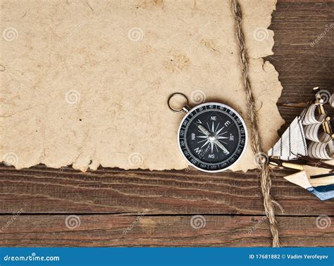 Old Paper Compass Rope And Model Classic Boat Royalty Free Stock