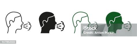 기침이나 재채기를 하는 남자 전염병 기관지염 결핵 픽토그램 기침 라인과 실루엣 아이콘 세트입니다 독감 감기 코로나 바이러스 증상