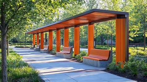 Seating Pavilions With Shaded Resting Spots In Landscaped Park Area