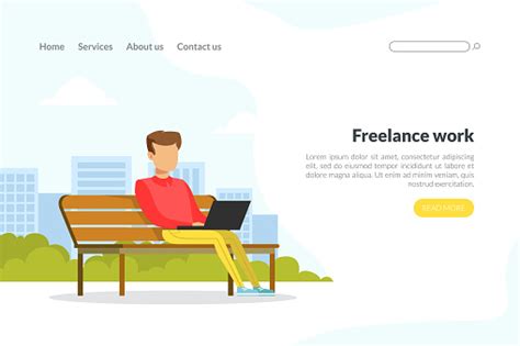프리랜서 작업 랜딩 페이지 템플릿 공원 야외에서 벤치에 앉아있는 동안 노트북 컴퓨터를 사용하는 젊은 남자 프리랜서 E러닝 개념