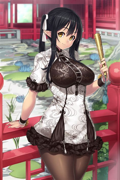 Safebooru 1girl Black Hair Breasts Chinese Clothes Dress Fan Folding