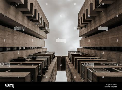 A Low Angle Of The Brutalist Multi Story Concrete Building In Split