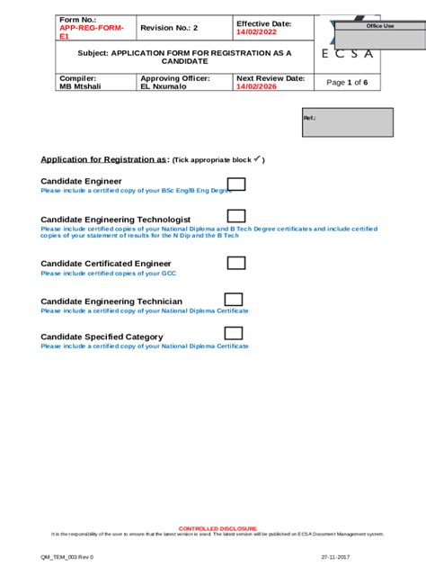 Application Registration As A Candidate Engineer Ecsa Doc Template Pdffiller