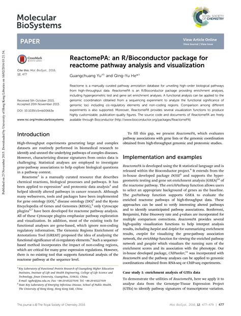 Pdf Reactomepa An R Bioconductor Package For Reactome Pathway Analysis And Visualization
