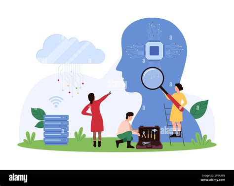 Ai And Digital Brain Research And Development Engineering Tiny People With Magnifying Glass