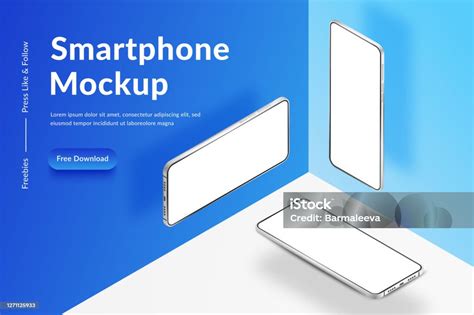 세 흰색 현실적인 등색 스마트 폰 모형 빈 흰색 화면이있는 3d 휴대 전화 흰색과 파란색 배경에 현대 휴대 전화 템플릿 장치 3d 화면 의 그림 3차원 형태에 대한 스톡