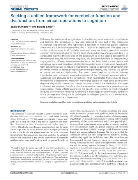 Pdf Seeking A Unified Framework For Cerebellar Function And