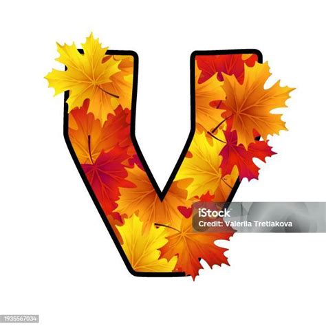 빨간색 노란색 주황색 단풍잎이 있는 문자 V 흰색 배경에 고립된 검은색 테두리 엽서 배너 카드 웹 디자인 광고에 대 한 벡터 휴일 그림 10월에 대한 스톡 벡터 아트 및