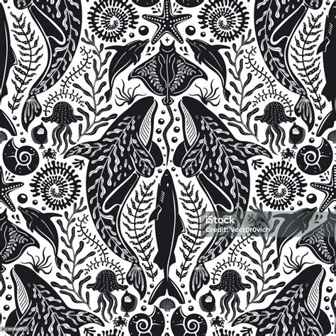 해저 바다 해양 생물 수중 세계 다 마스크 스타일 바다 포유류 물고기 산호 범고래 고래 쥐가오리 돌고래 상어 해파리 산호 문어를 특징으로하는 흑백의 완벽 한 패턴 0명에