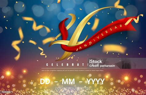 골드와 블루 배경 4 년 기념일 로고 템플릿 4 빨간색 리본 벡터와 색종이 고립 된 디자인 요소와 황금 숫자를 축 하 4세기에 대한 스톡 벡터 아트 및 기타 이미지 Istock