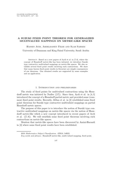 Pdf A Suzuki Fixed Point Theorem For Generalized Multivalued Mappings On Metric Like Spaces