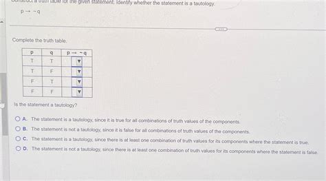 Solved P→∼qcomplete The Truth Table Table[[p Q P→∼q