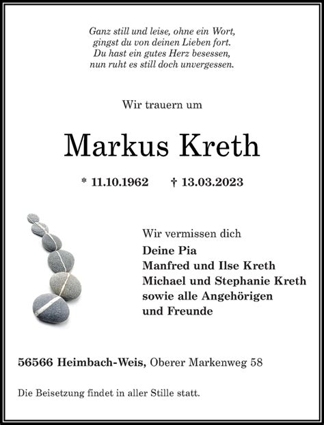 Traueranzeigen Von Markus Kreth Rz Trauer De