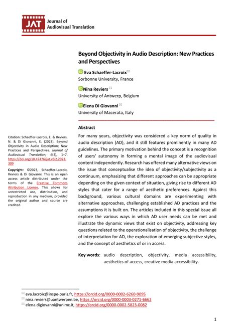 Pdf Beyond Objectivity In Audio Description New Practices And Perspectives