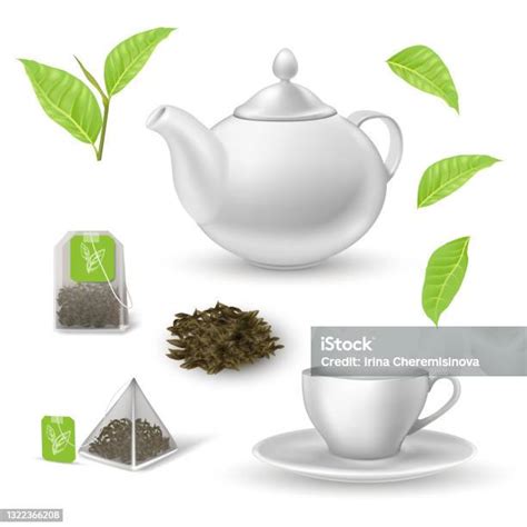 녹색 허브 차 요소 세트 찻주전자 접시에 컵 정사각형 및 삼각형 티백 말린 잎 더미 분기 벡터 일러스트에 식물 흰색 배경에 건강한 음료 3차원 형태에 대한 스톡 벡터 아트