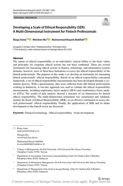 Developing A Scale Of Ethical Responsibility Ser A Multi‐dimensional Instrument For Fintech