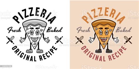 피자 가게 벡터 엠블럼 로고 배지 또는 라벨 피자 조각 만화 캐릭터는 흰색과 색상에 검은 색의 두 가지 스타일로 표시됩니다 개체 그룹에 대한 스톡 벡터 아트 및 기타 이미지