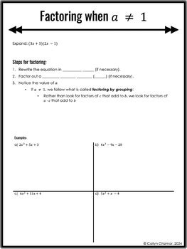 Factoring Quadratics When A Is Not 1 Guided Notes By Coffee And Calculus