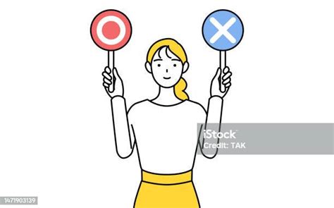 정답과 오답을 나타내는 막대기를 들고 캐주얼하게 옷을 입은 젊은 여성 20 29세에 대한 스톡 벡터 아트 및 기타 이미지