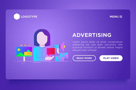 광고 웹 페이지 템플릿 여성은 광고판 이메일 및 소셜 미디어에 광고를 제공합니다 플랫 그라데이션 아이콘입니다 벡터 그림입니다 0명에 대한 스톡 벡터 아트 및 기타 이미지