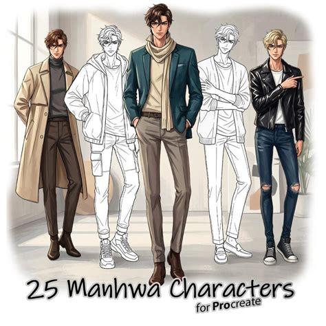 25 Procreate Manhwa Men Poses Stamps Brushes Korean Male Character