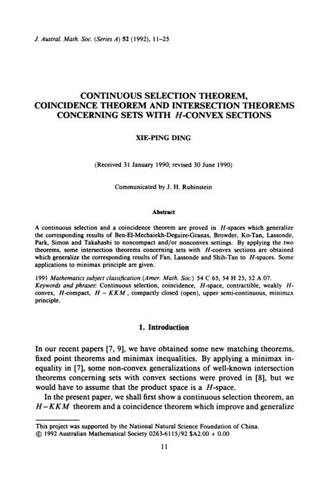 Pdf Continuous Selection Theorem Coincidence Theorem And Intersection Theorems Concerning
