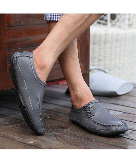 Grey Leather Slip On Shoe Loafer Lace On Side Loafers Men Mens Loafers Casual Mens Slip On Shoes