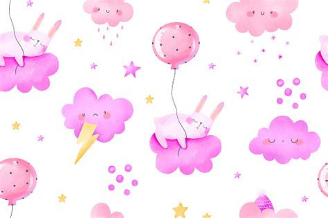 아기 토끼는 구름 위에서 자고 공기 풍선을 타고 날아갑니다 손으로 그린 수채화 완벽 한 패턴은 신생아 소녀를 위한 것입니다 가리 핑크 배경 0명에 대한 스톡 벡터 아트 및