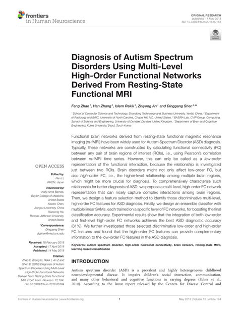 Pdf Diagnosis Of Autism Spectrum Disorders Using Multi Level High Order Functional Networks