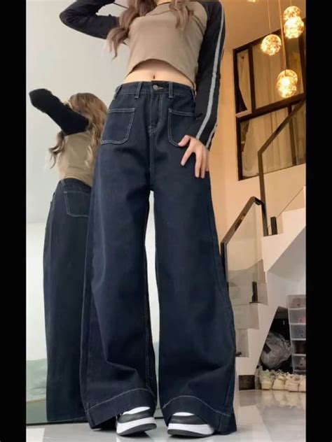 Swan Shop กางเกงยีนส์เอวสูงทรงกระบอกใหญ่ สีน้ำเงินเข้ม วินเทจ แนวสวยสุดฮิตวัยรุ่นมากๆ Th