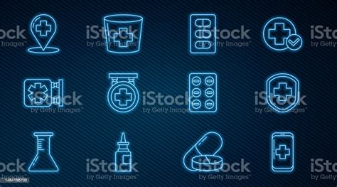 병원에 라인 비상 휴대 전화 통화 십자가가 있는 의료 방패 물집 팩에 알약 병원 간판 기호 지도 포인터 및 간호사 모자 아이콘을 설정합니다 벡터 0명에 대한 스톡 벡터 아트