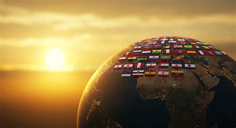 Global Unity At Sunrise A World Of Flags On Earth Stock Illustration Global Unity At Sunrise A World Of Flags On Earth Stock Illustration