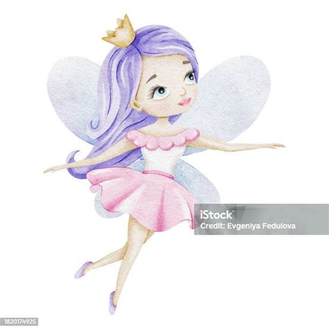 왕관과 하늘색 날개를 가진 귀여운 작은 요정 고립된 수채화 그림입니다 어린이 용품 의류 엽서 베이비 샤워 어린이 방 요정 가공의